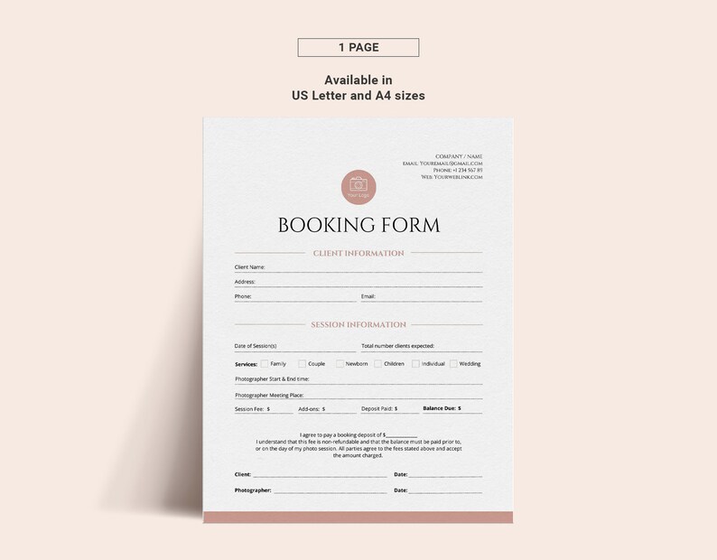 Photography Client Booking Form, Canva Template, Booking Form for ...