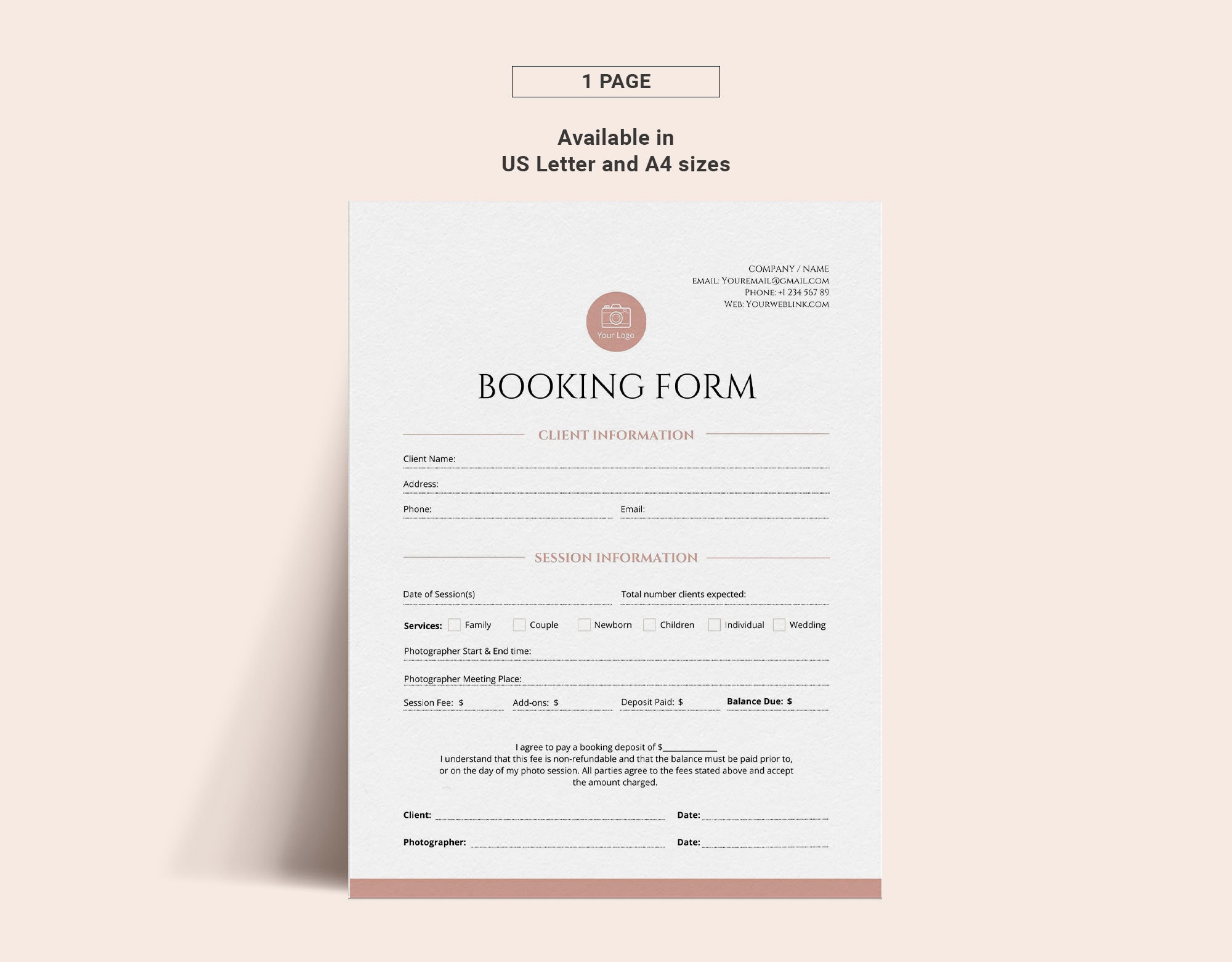 Photography Client Booking Form, Canva Template, Booking Form for ...