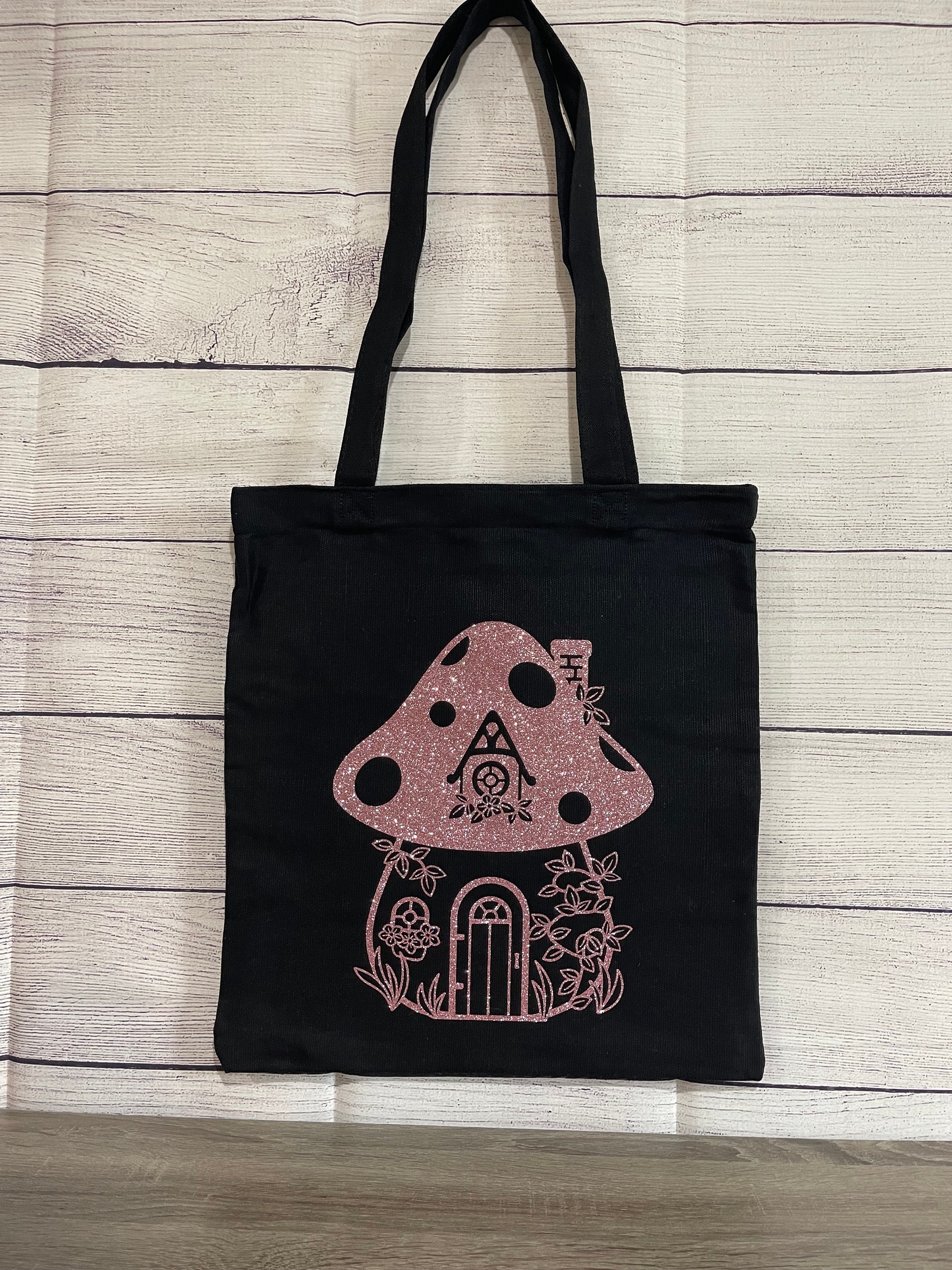 Pink Sparkle Black Tote Mushroom House Tote Bag - Etsy