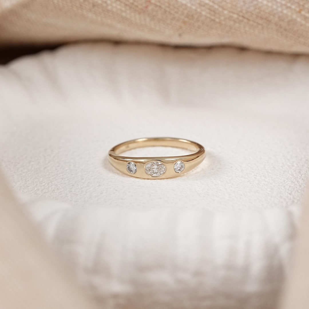 Oval Cut Natural Diamond Flush Set Ring/ Natural Diamond Three Stone ...