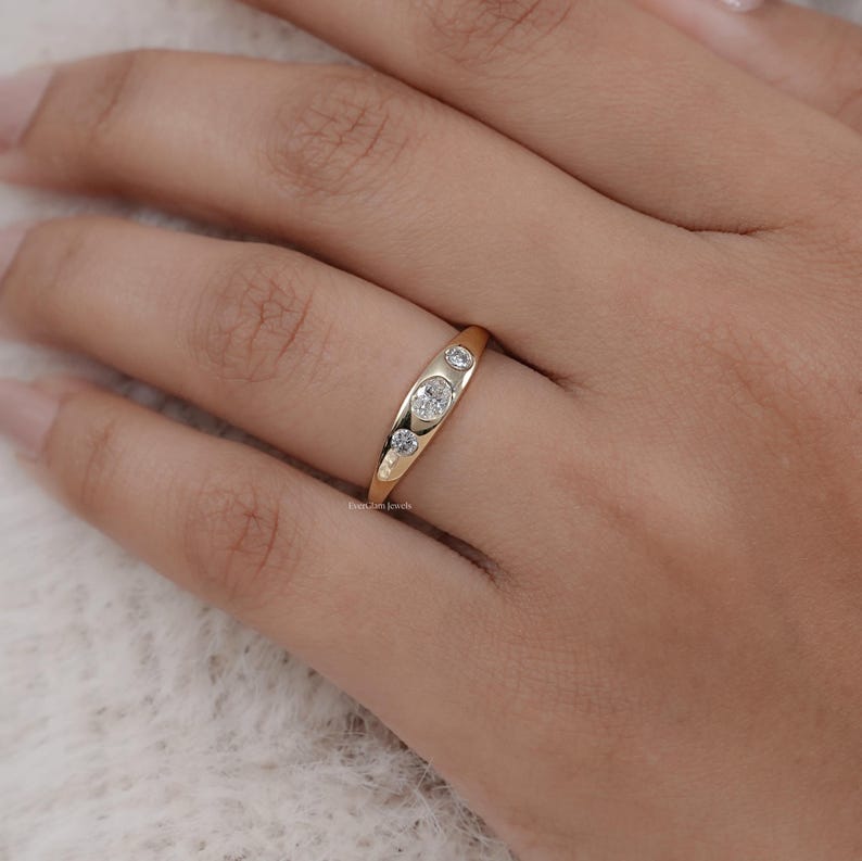 Oval Cut Natural Diamond Flush Set Ring/ Natural Diamond Three Stone ...
