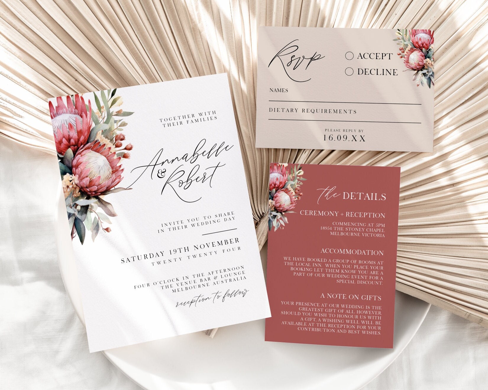 Protea Floral Wedding Invitations Suite, Bundle, Australian Natives ...