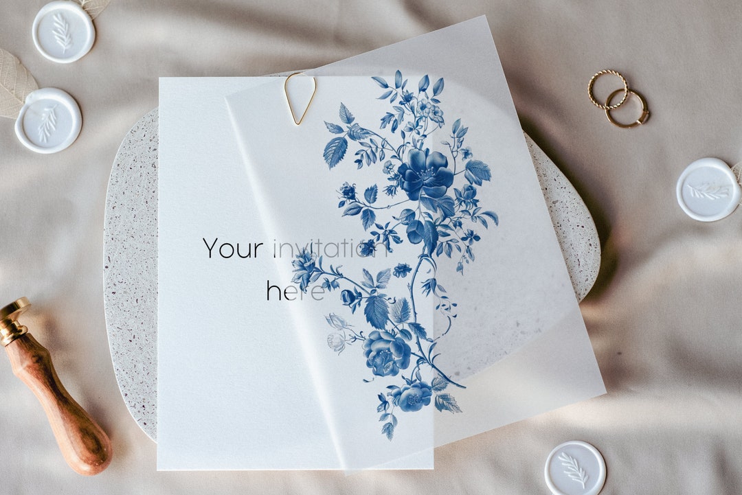 French Blue Toile Wedding Vellum, for 5x7, DIY Wedding, Blue Floral ...