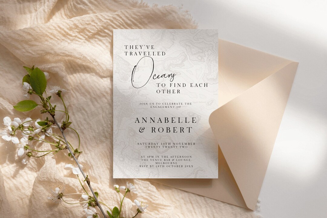 Engaged Map Party Invite Template Engagement Travel Oceans - Etsy