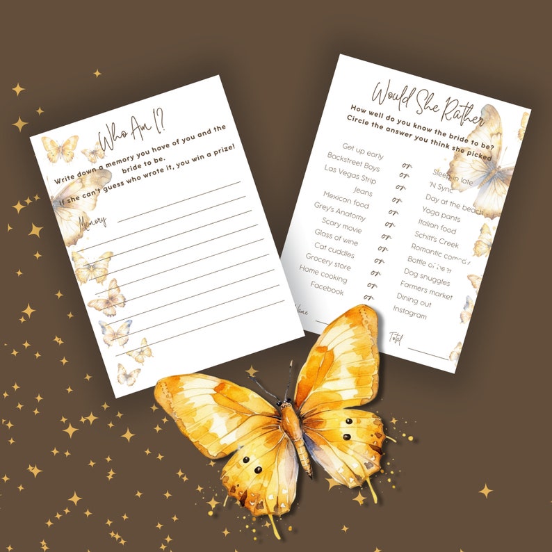 Butterfly Theme Bridal Shower Games, Downloadable, Bundle, Gold ...