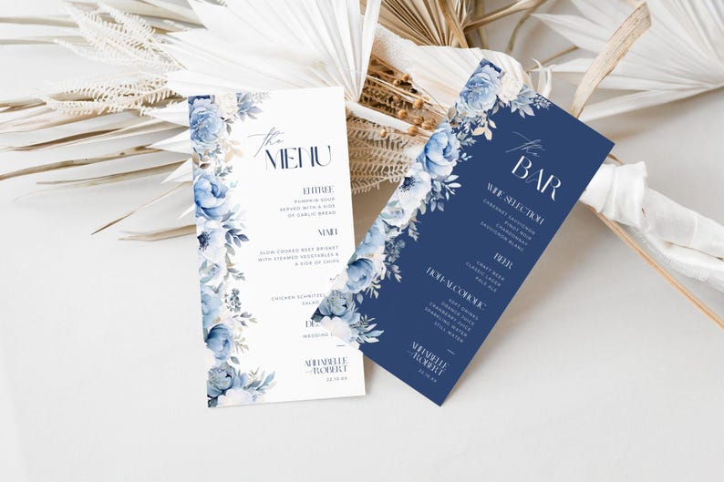 Dusty Blue Menu Card, Winter Wedding Floral, Modern Minimalist, Wedding ...