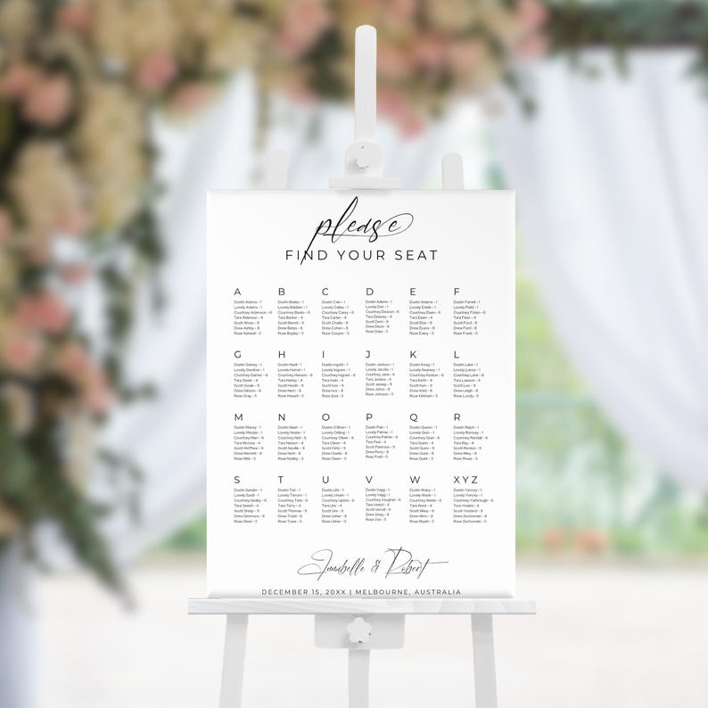 Alphabetical Seating Chart Template – Editable Wedding Seating Sign ...