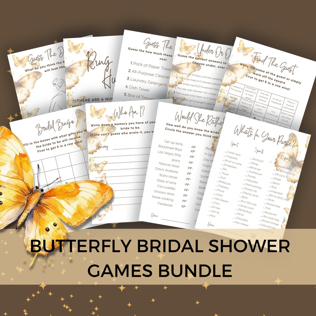 Butterfly Theme Bridal Shower Games, Downloadable, Bundle, Gold ...