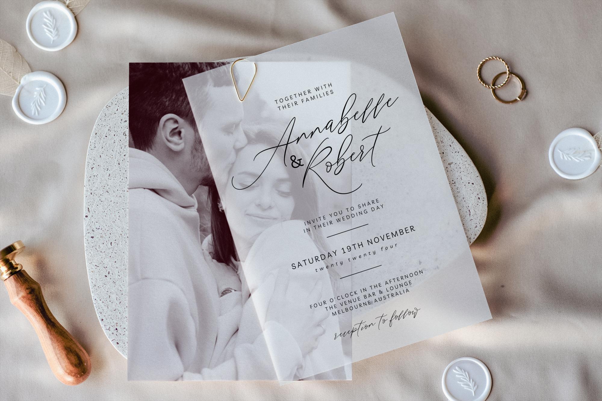 Vellum Wedding Invitation With Picture, Black Ink, Translucent Invite ...
