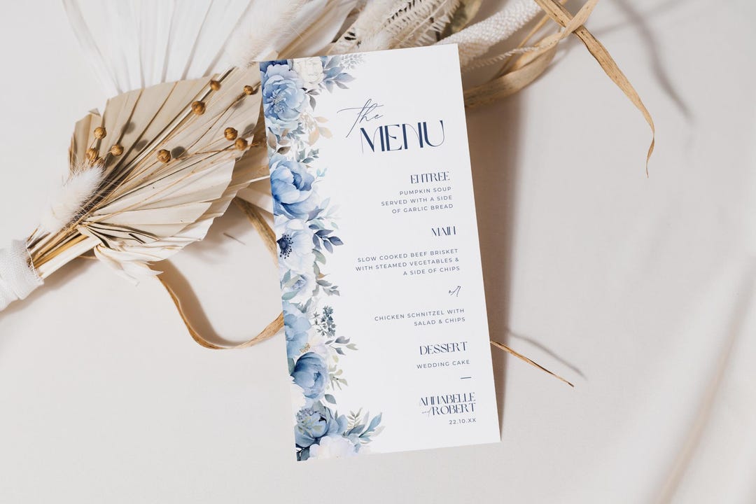 Dusty Blue Menu Card, Winter Wedding Floral, Modern Minimalist, Wedding ...