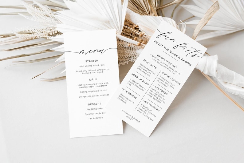 Wedding Menu With Fun Facts, Menu Napkin Note, Modern Minimalist ...