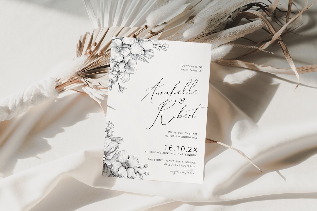 Fine Line Floral Wedding Invitation, Flower Outline, Elegant Modern ...