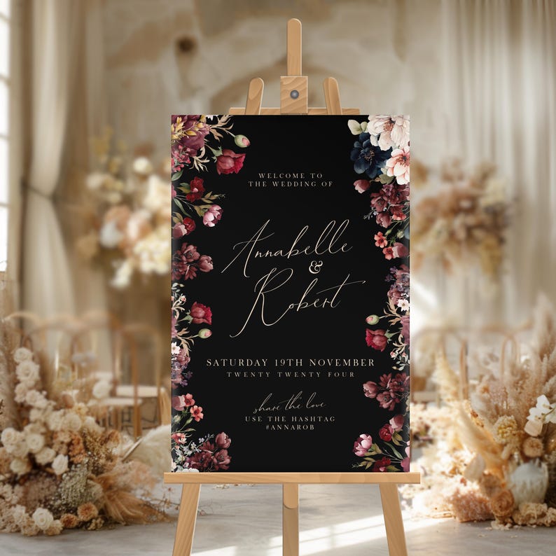 Black and Burgundy Wedding Welcome Sign, Dark and Moody Floral Editable ...