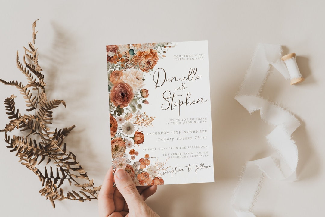 Rust Wedding Invitation Template, Terracotta Floral Invitations, Fall ...