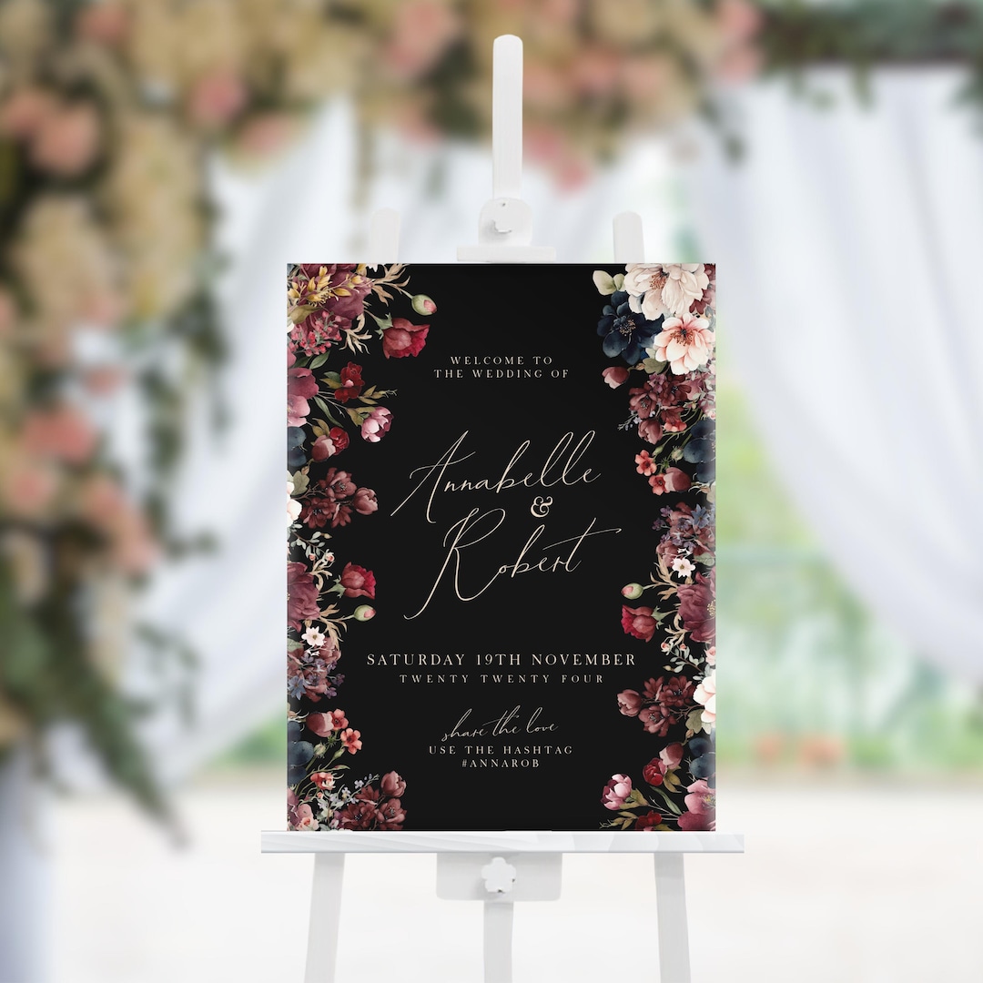 Black and Burgundy Wedding Welcome Sign, Dark and Moody Floral Editable ...