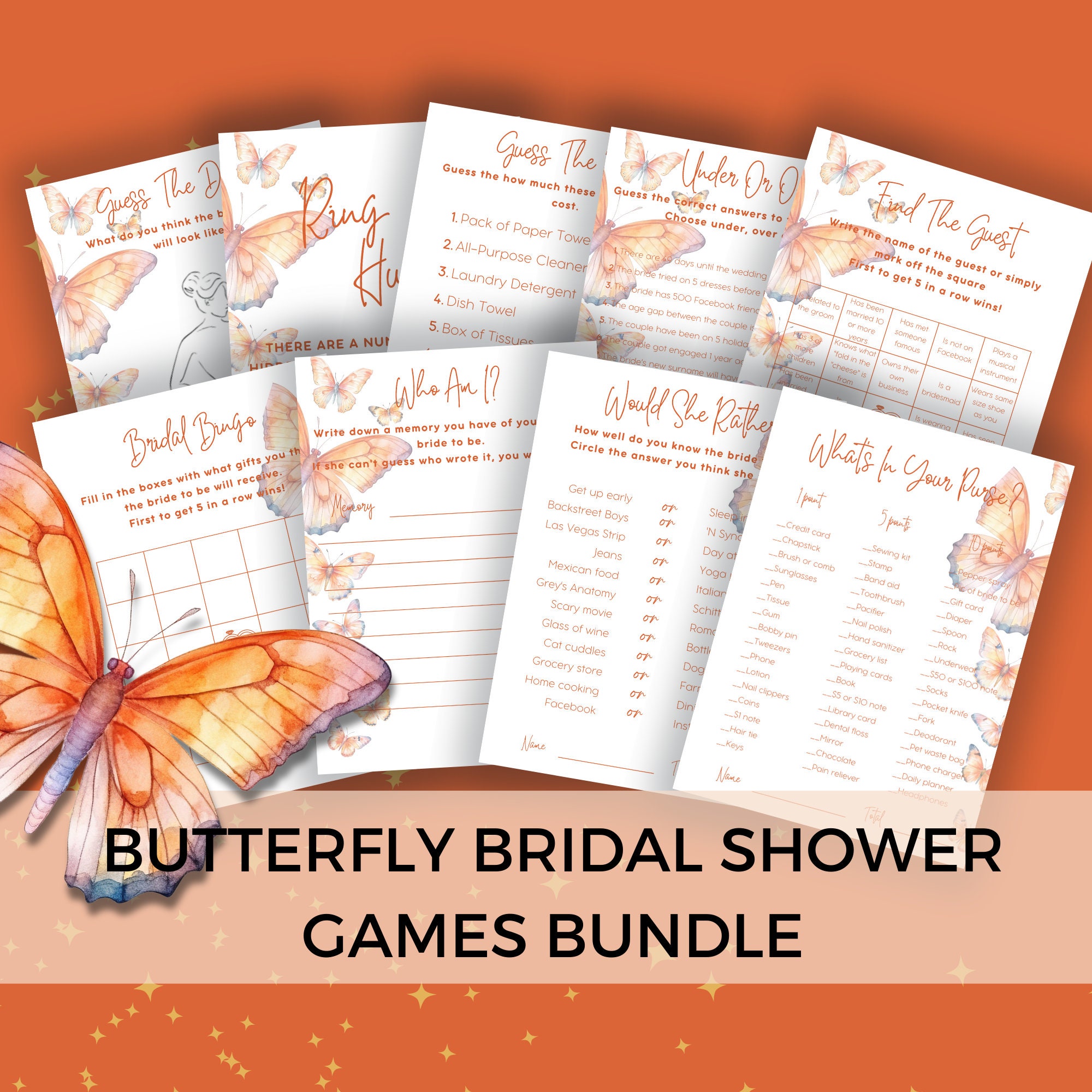 Butterfly Theme Bridal Shower Games, Downloadable, Bundle, Orange ...
