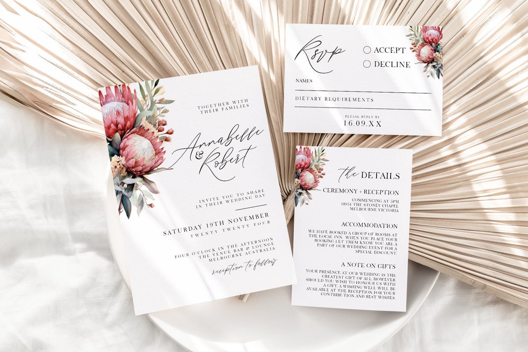 Protea Floral Wedding Invitations Suite, Bundle, Australian Natives ...