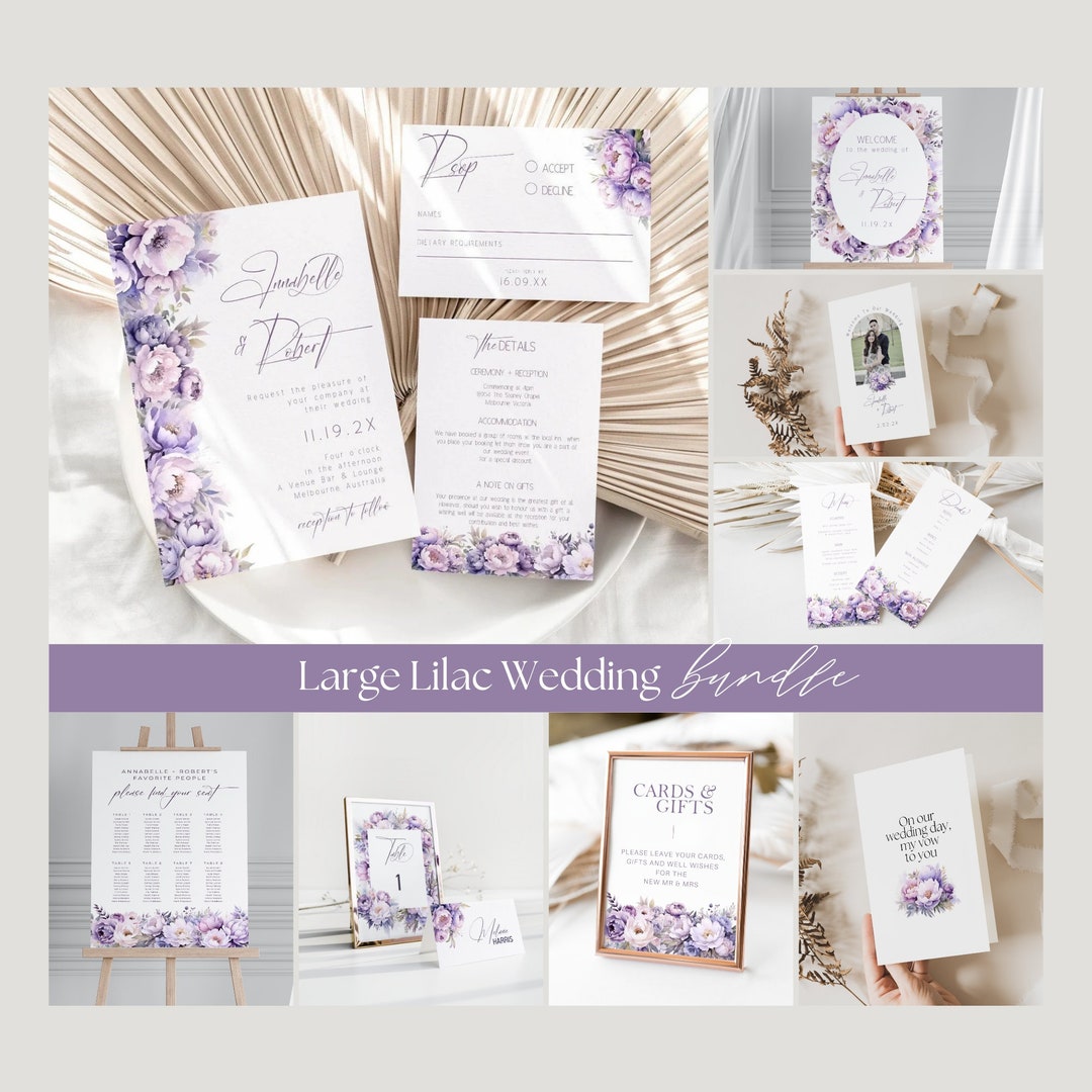 Lilac Wedding Invitation Bundle, Reception Signs, Seating Chart, Menu ...