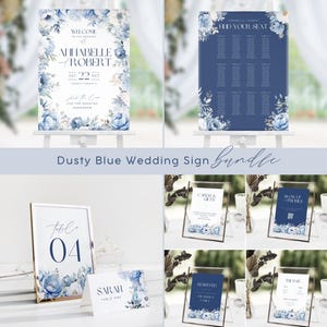 Dusty Blue Wedding Sign Bundle, Floral Welcome Sign, Seating Chart ...