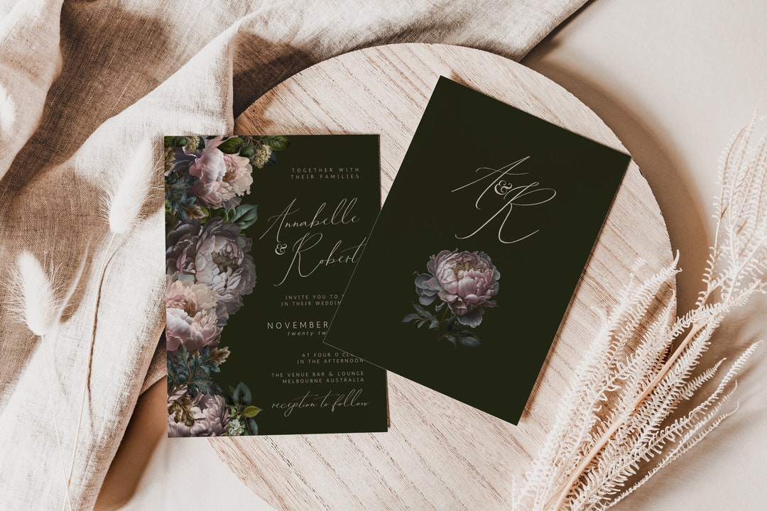 Moody Dark Wedding Invitation Template, Editable, Floral, Dark Peonies ...