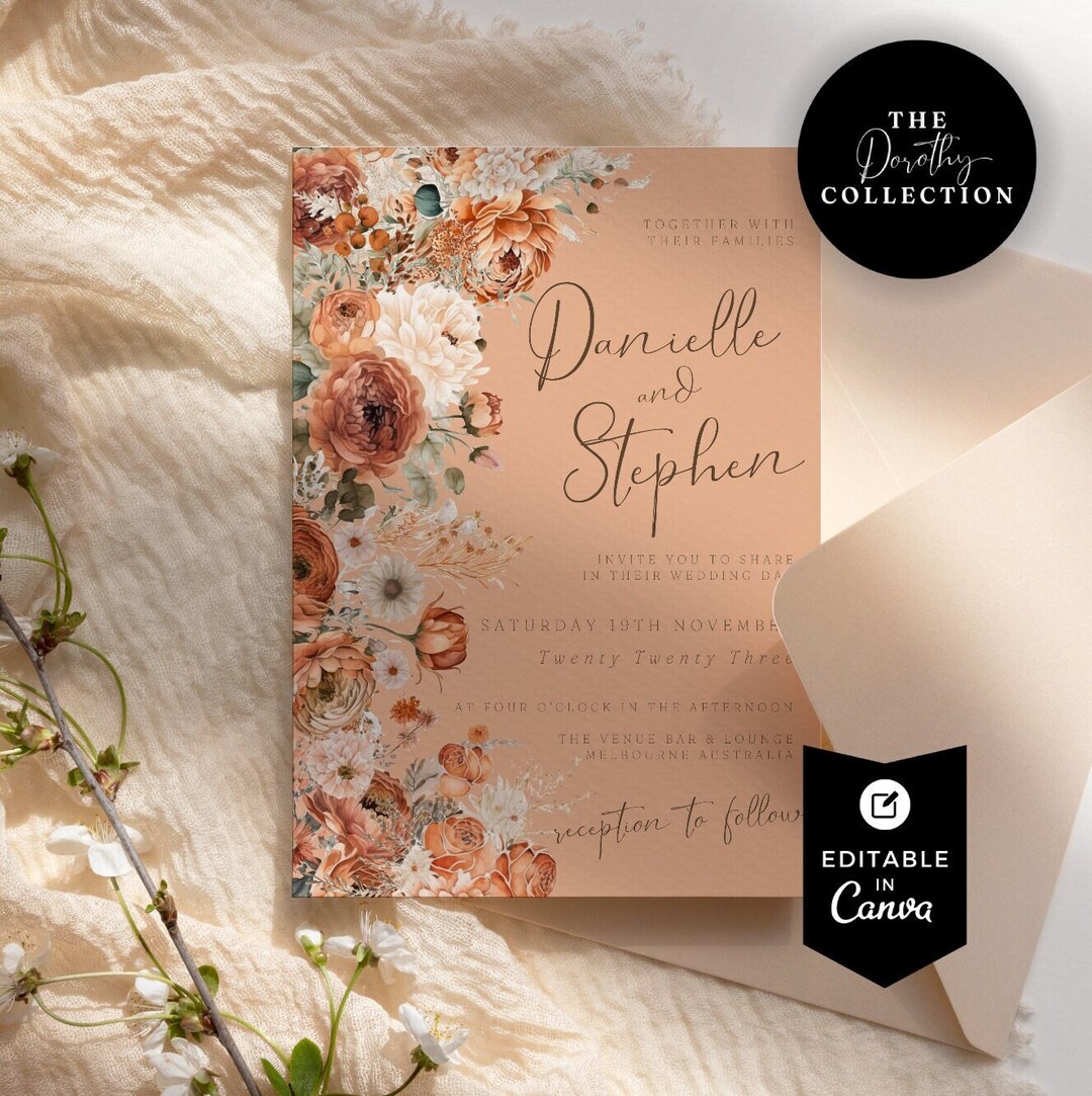 Rust Wedding Invitation Template, Terracotta Floral Invitations, Fall ...