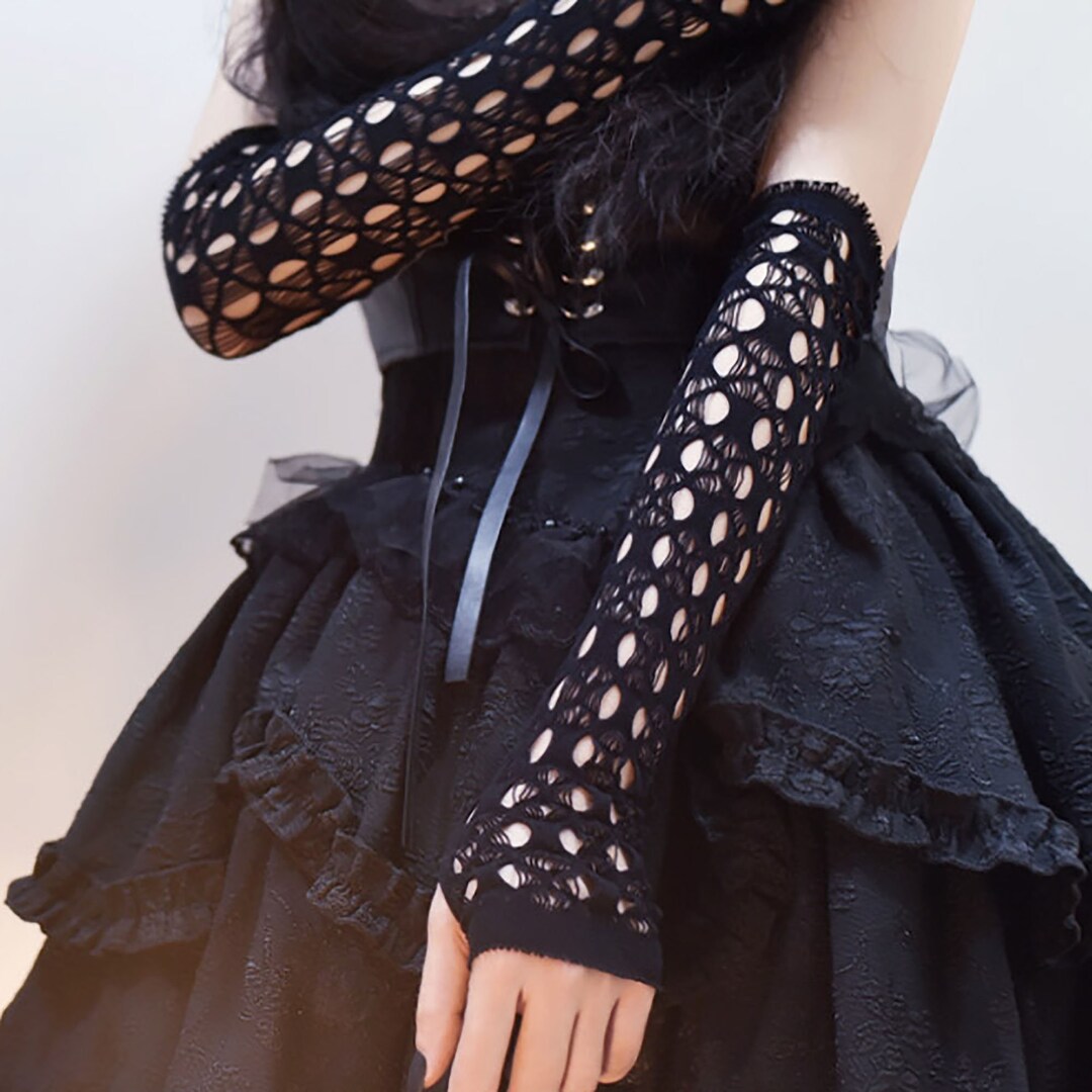 Lolita Cyberpunk Gothic Fishing Net Long Open Finger Gloves - Etsy
