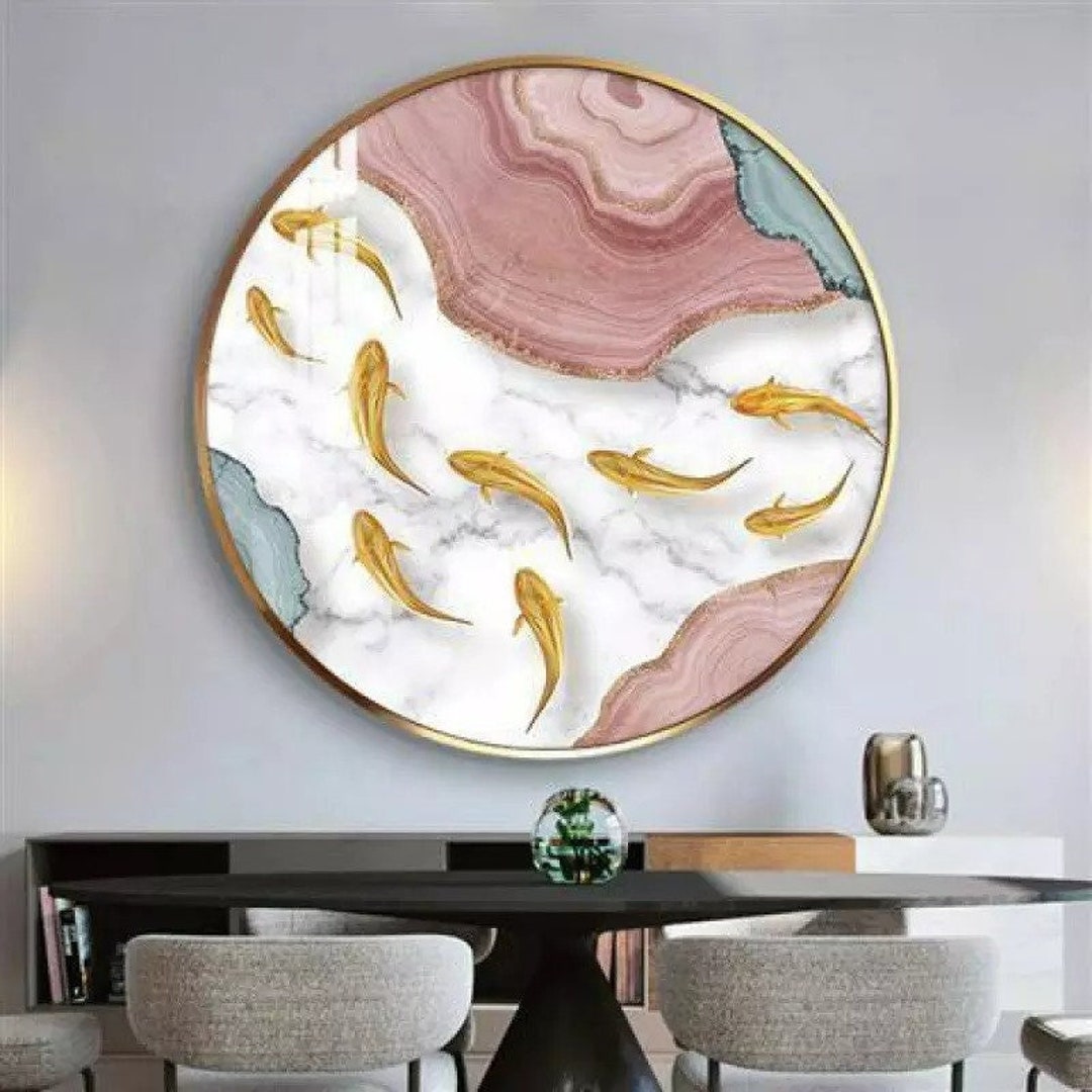 Koi Fish Wall Art, Crystal Porcelain Round Decor, Golden Fish Luxury ...