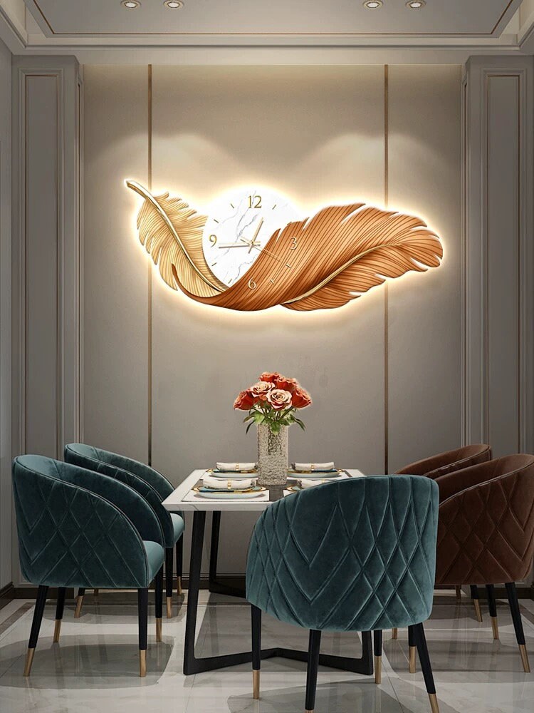 Feather Clock Wall Decor LED Lamp Acrylic Material Light Luxury Iron ...