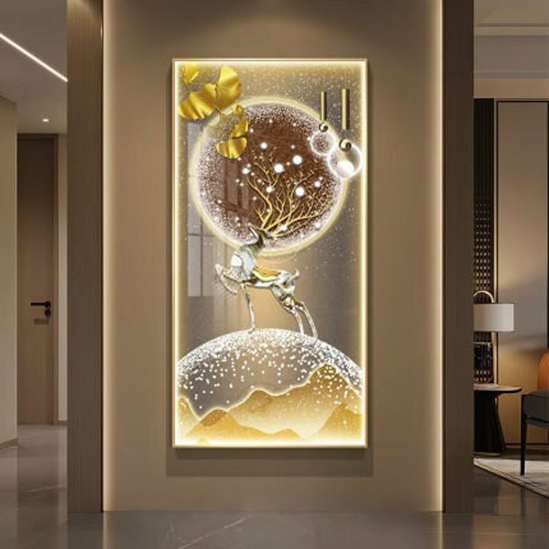 Large LED Painting Framed Glass Wall Decor Luxury Wall Art Deer Picture ...
