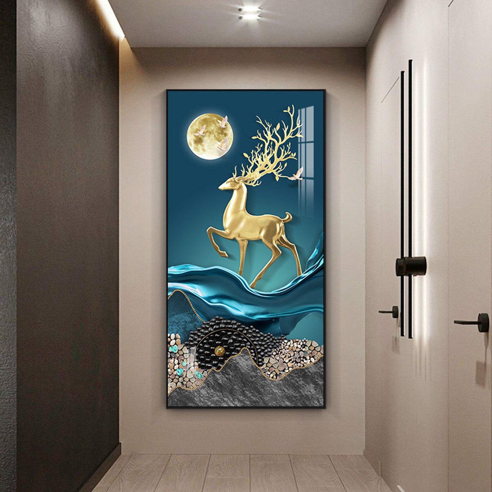 Large Painting Gold Elk Wall Art Nordic Deer Style Luxury Tempered ...