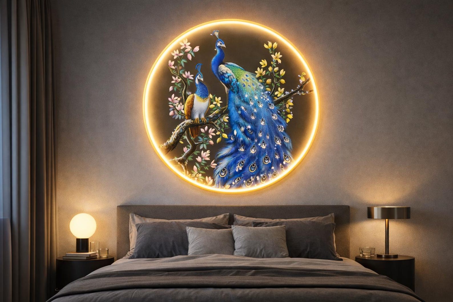 Peacock LED Wall Art, Round Lighted Peacock and Floral Print, Modern ...