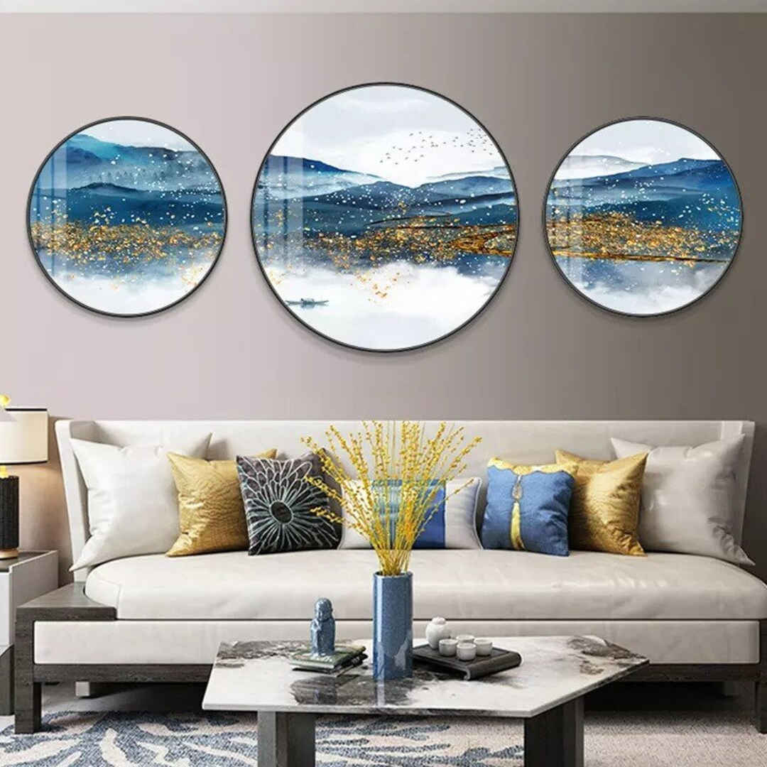 Painting Set of 3 Tempered Glass Abstract Painting Wall Art Round ...