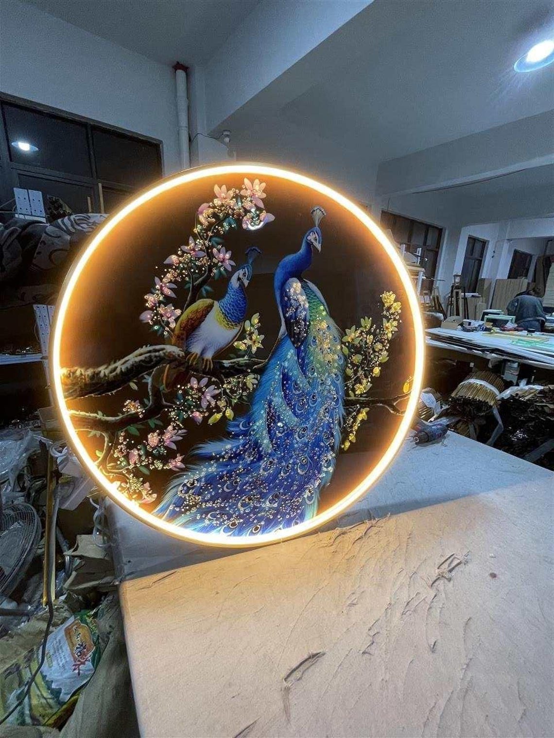 Peacock LED Wall Art, Round Lighted Peacock and Floral Print, Modern ...