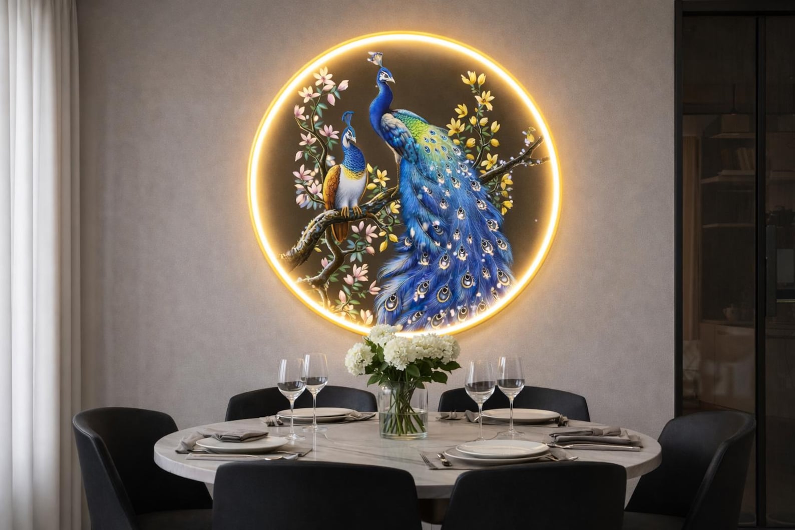 Peacock LED Wall Art, Round Lighted Peacock and Floral Print, Modern ...