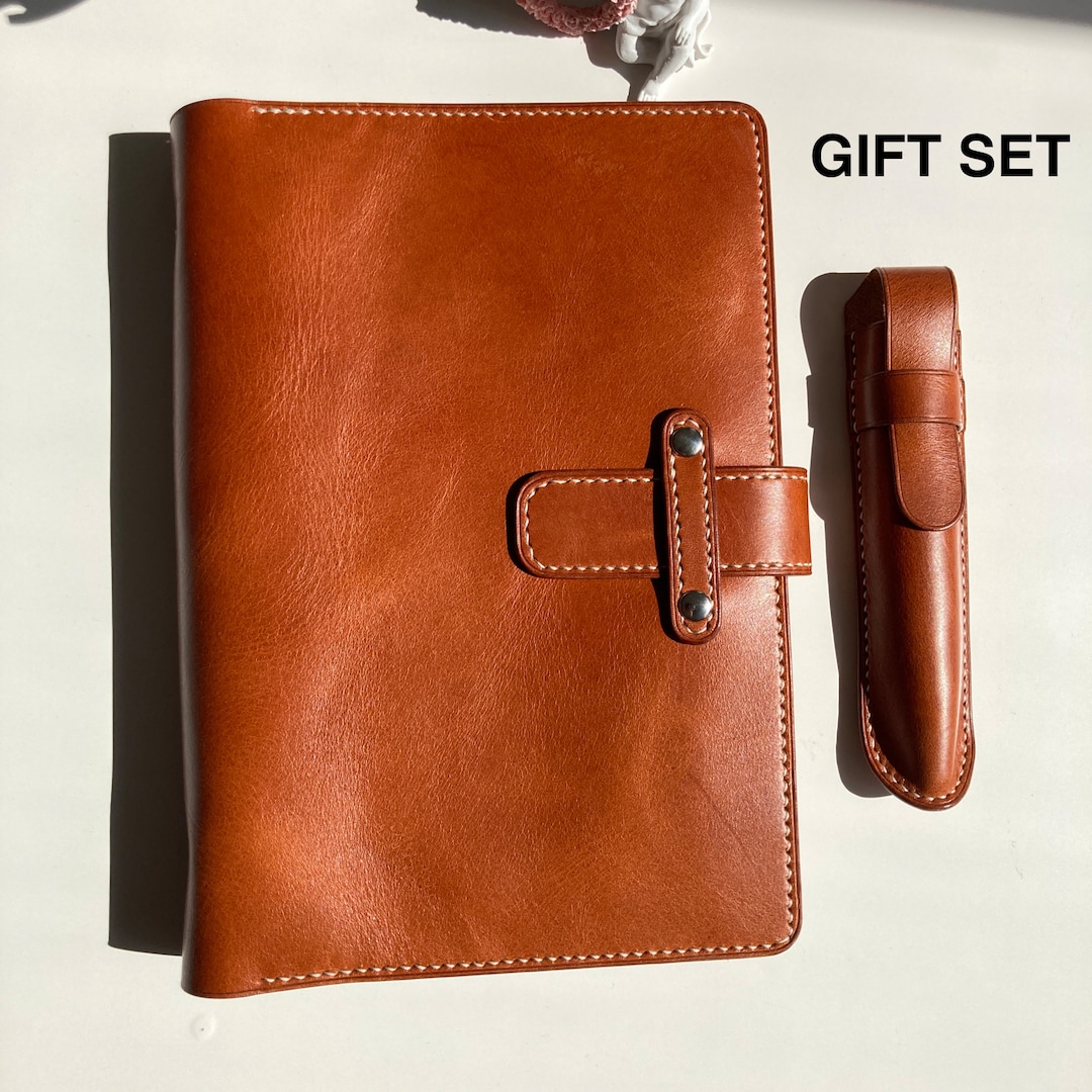 Handmade Leather A5 Notebook Cover & Pen Case: Refillable Caramel ...
