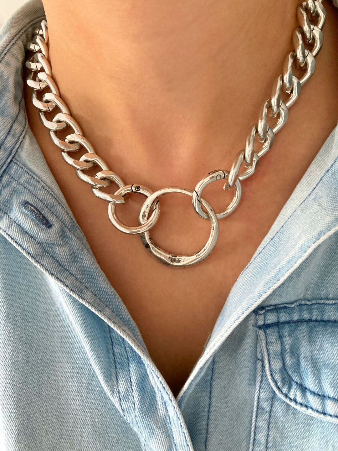 Antique Chunky Heavy Chain Statement Necklace, Silver Curb Chain ...