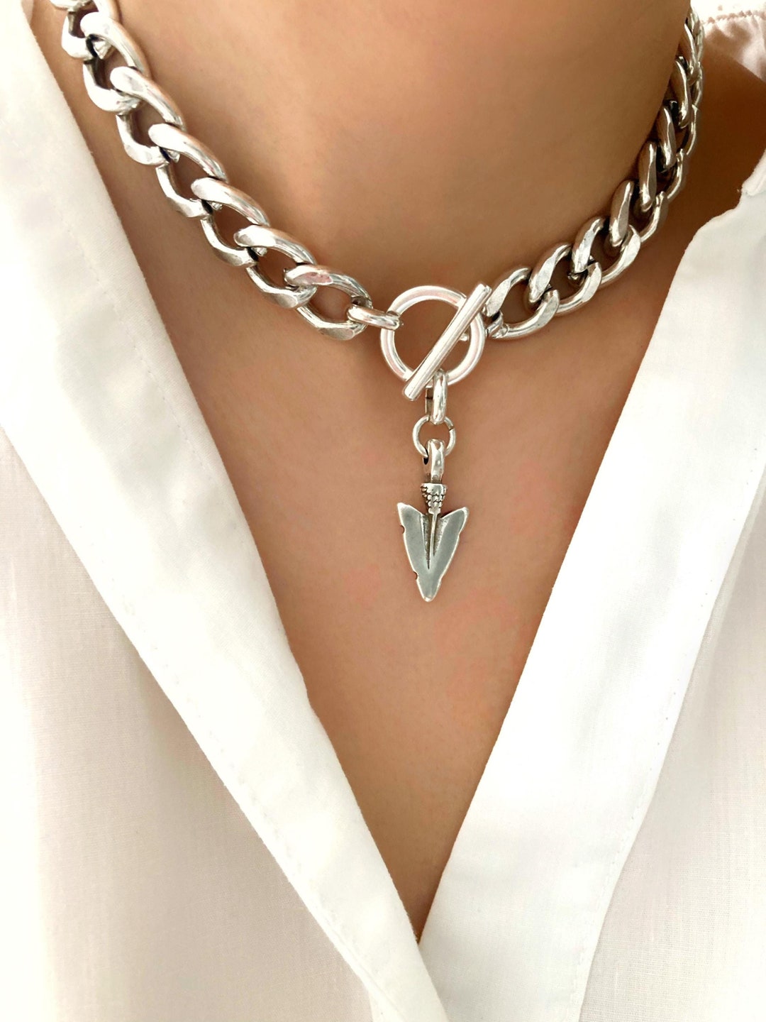 Silver Large Curb Chunky Brutalist Chain Charm Arrow Necklace, Choker ...