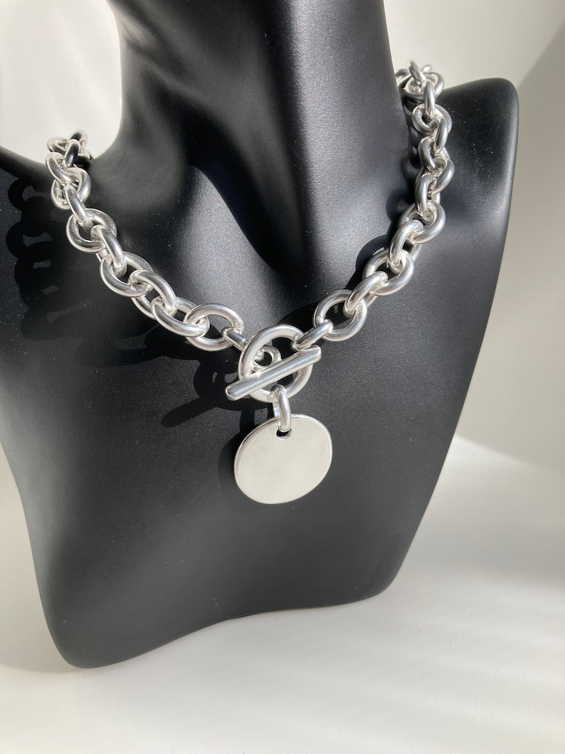 Silver Large Heavy Chain Coin Medal Statement Necklace, Charm Toggle ...