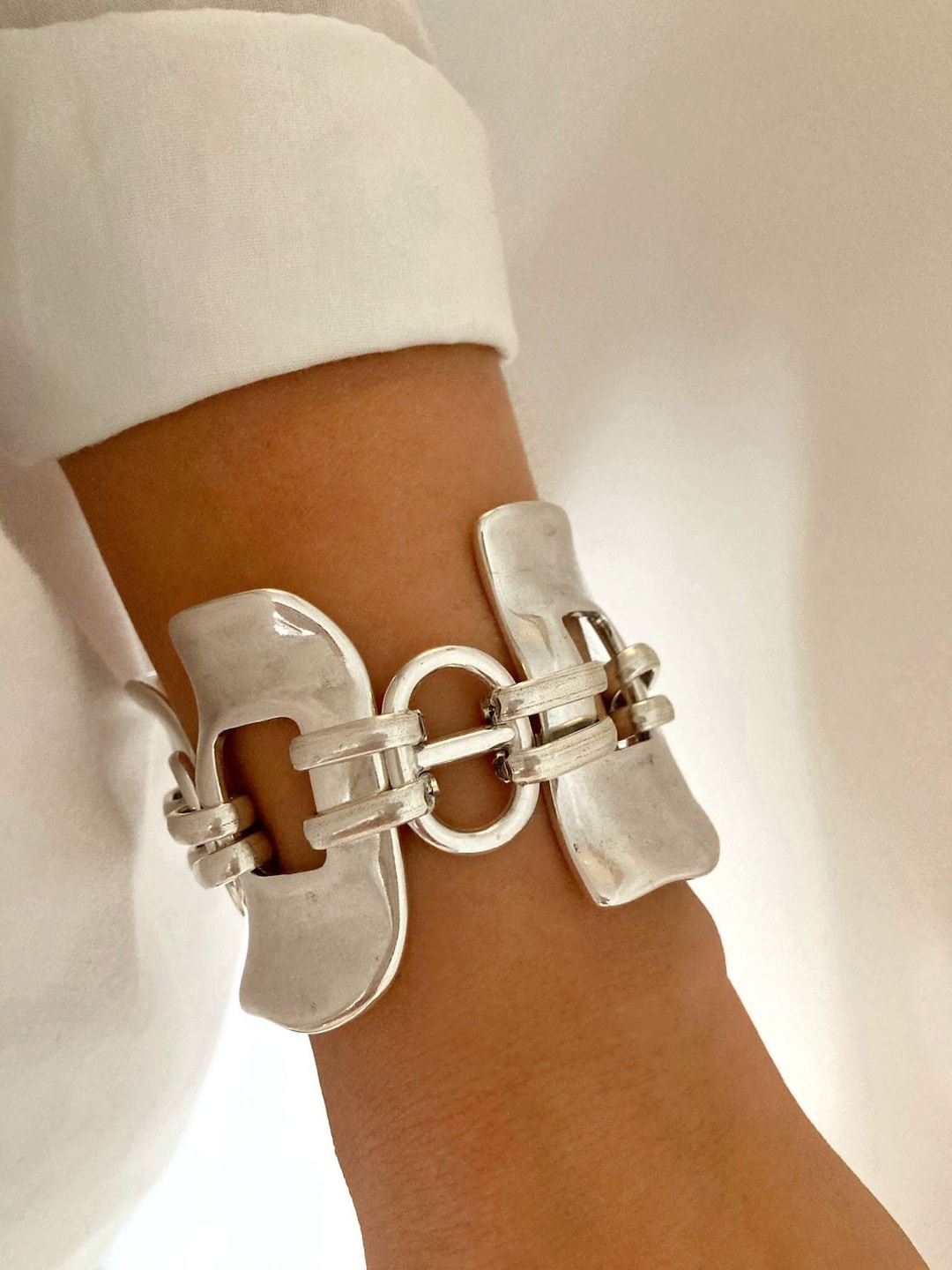 Antique Silver Link Wrap Chunky Silver Bracelet,silver Statement Big Bracelet, Silver Large Cuff ...