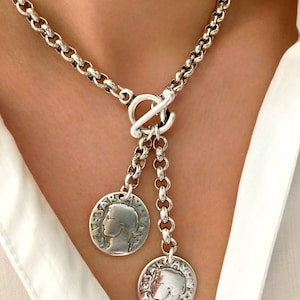 Vintage Silver Chunky Statement Necklace, Silver Toggle Necklace ...