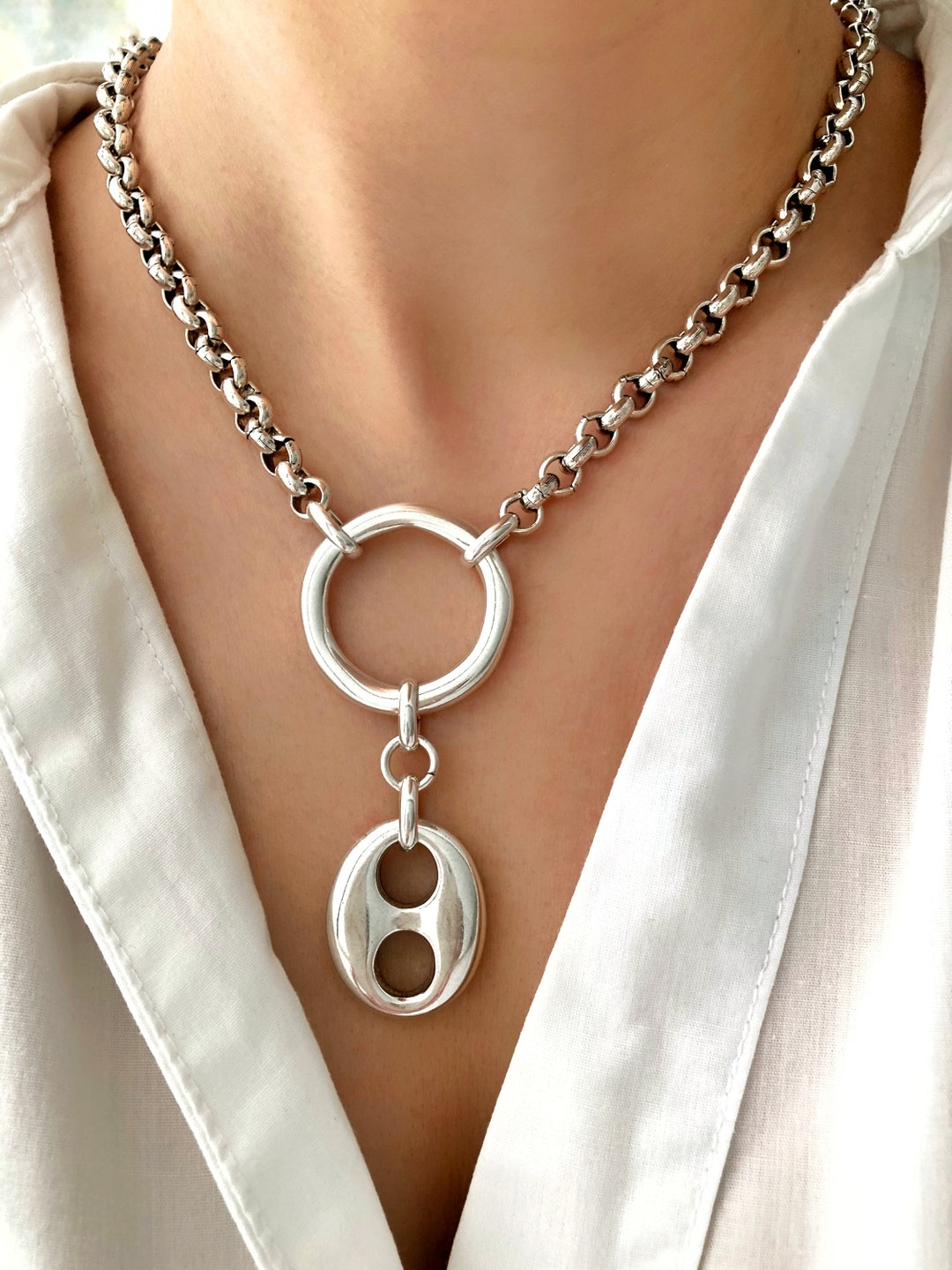 Antique Silver Brutalist Boho Chain Charm Necklace,silver Statement ...