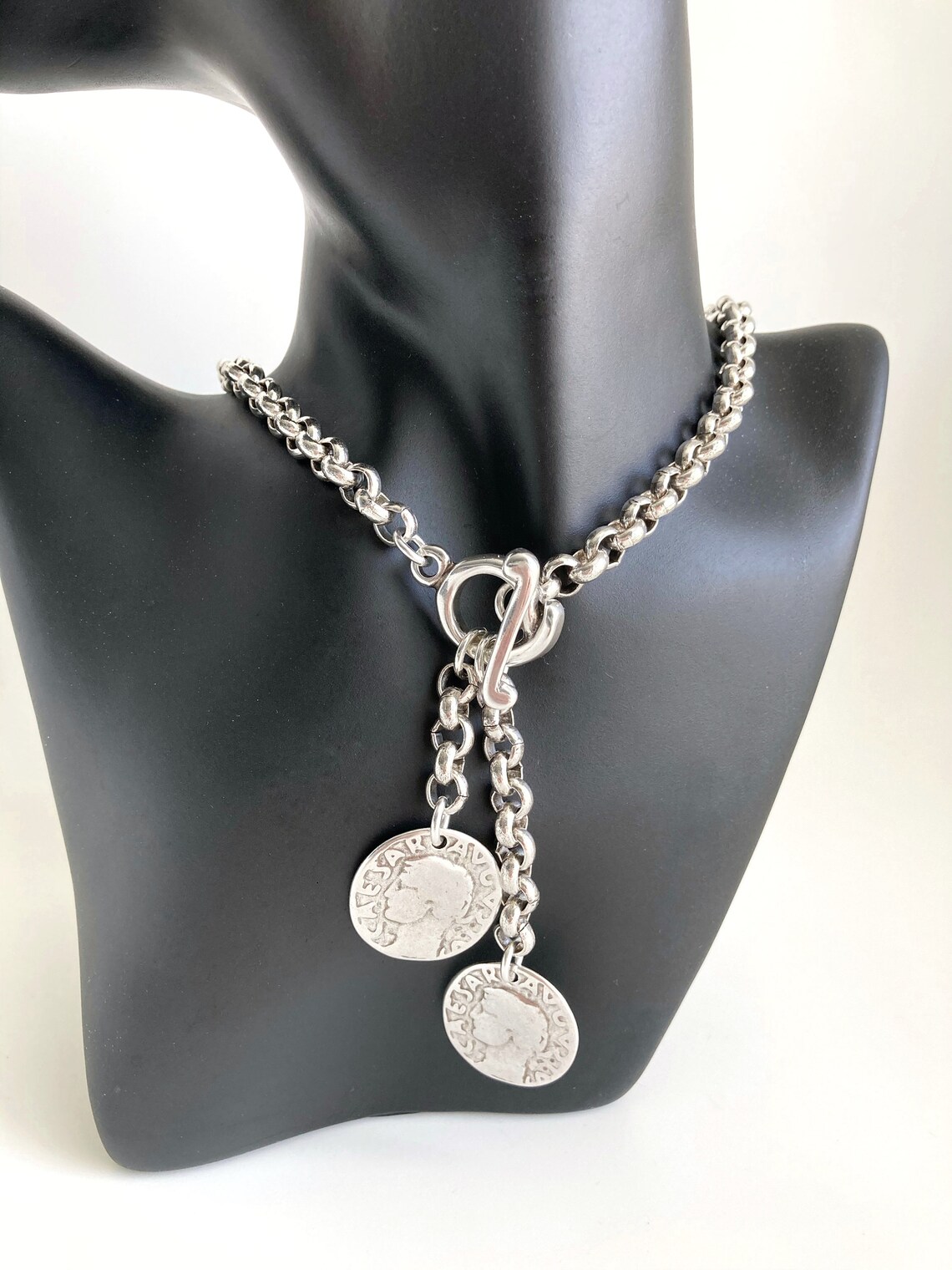 Vintage Silver Chunky Statement Necklace, Silver Toggle Necklace ...
