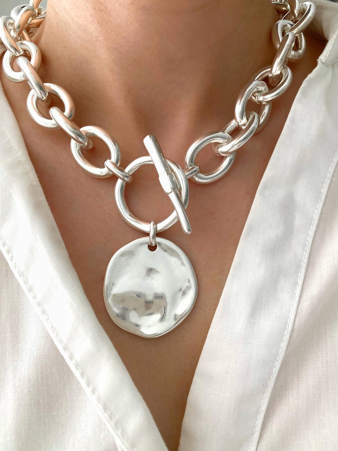 Silver Statement Chunky Charm Lightweight Curb Chain Necklace, Choker ...