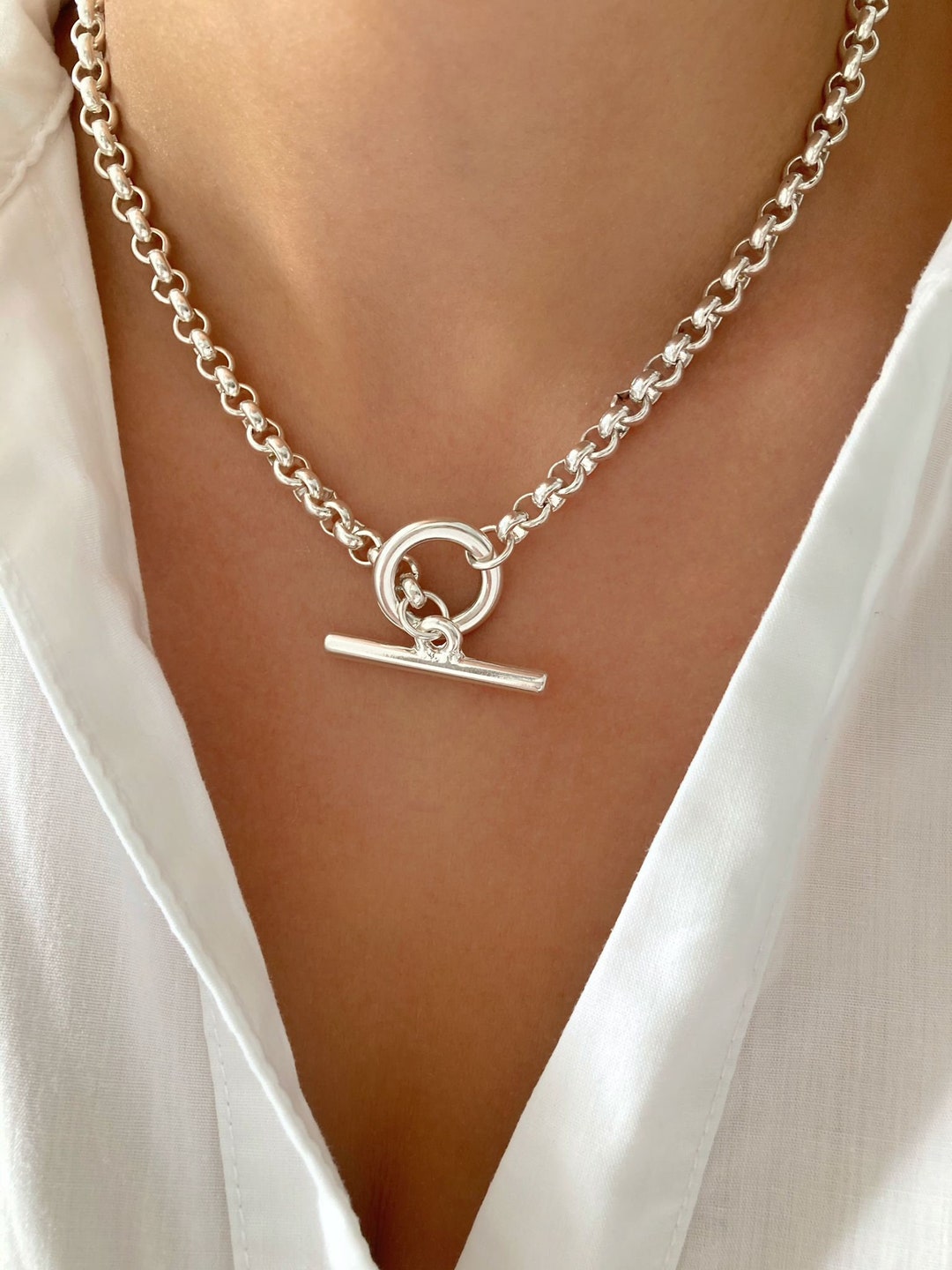 Zilveren ketting, dikke Rolo Chain ketting, zilveren Boho ketting ...
