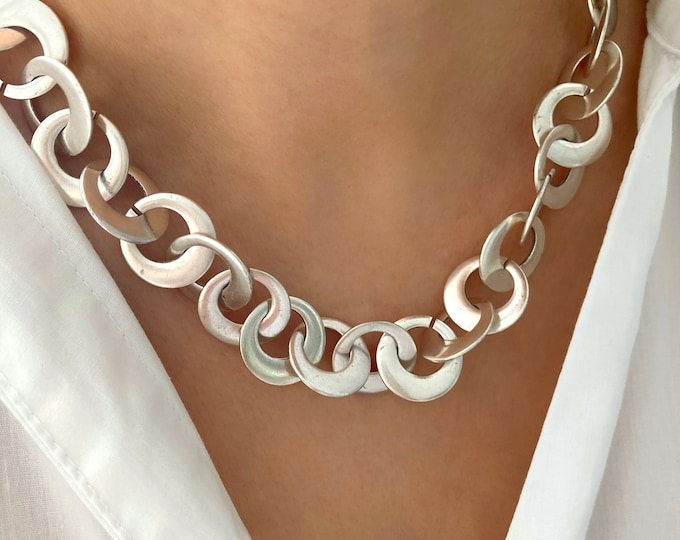 Antique Silver Necklace, Chunky Chain Necklace, Silver Link Necklace, Round Necklace, Gift for ...