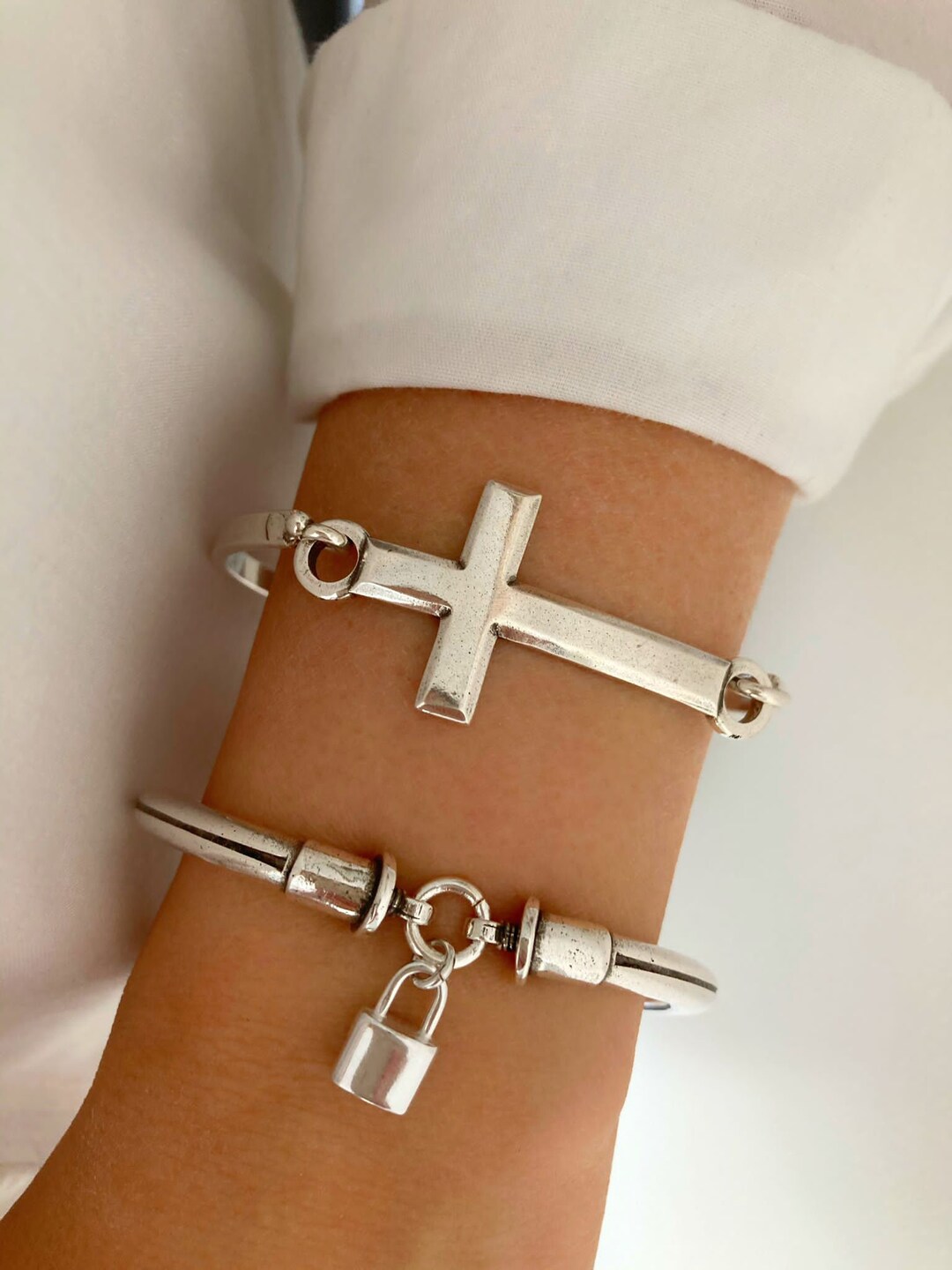 Chunky Silver Lock Bracelet, Large Link Clasp Bracelet, Silver Luxury ...