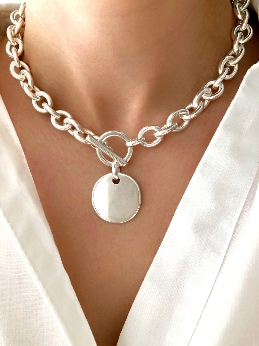 Silver Large Heavy Chain Coin Medal Necklace, Silver Statement Necklace ...