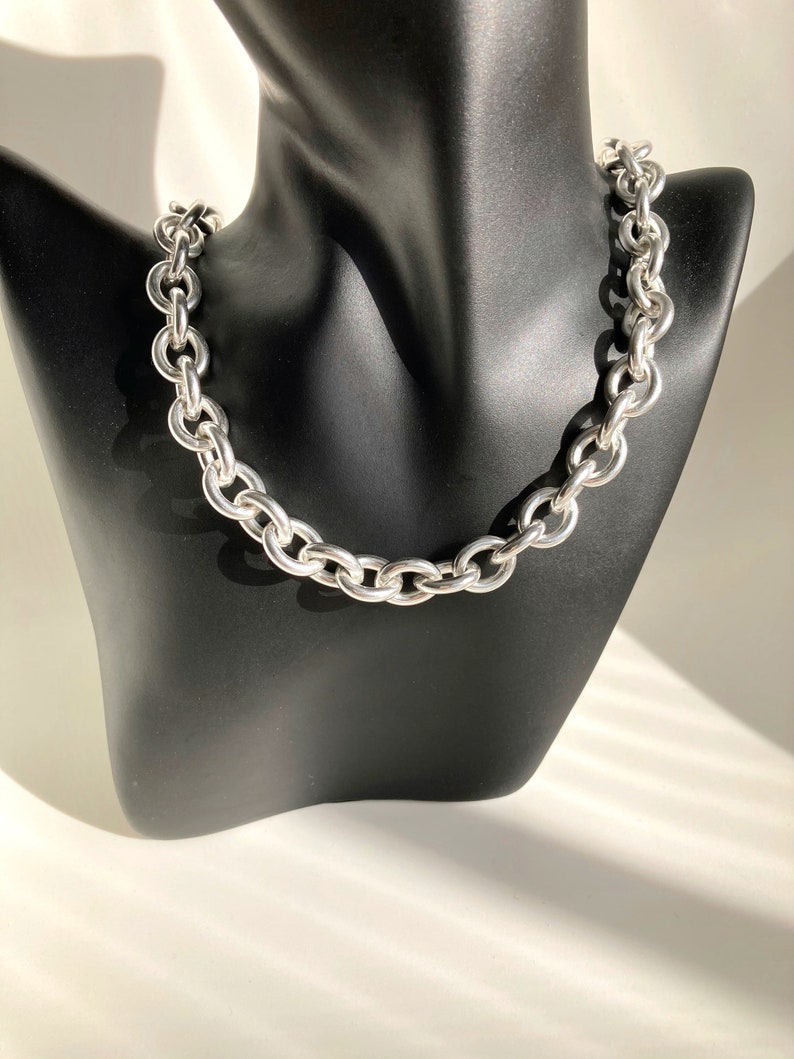 Antique Silver Large Heavy Necklace, Chunky Chain Curb Necklace, Silver ...