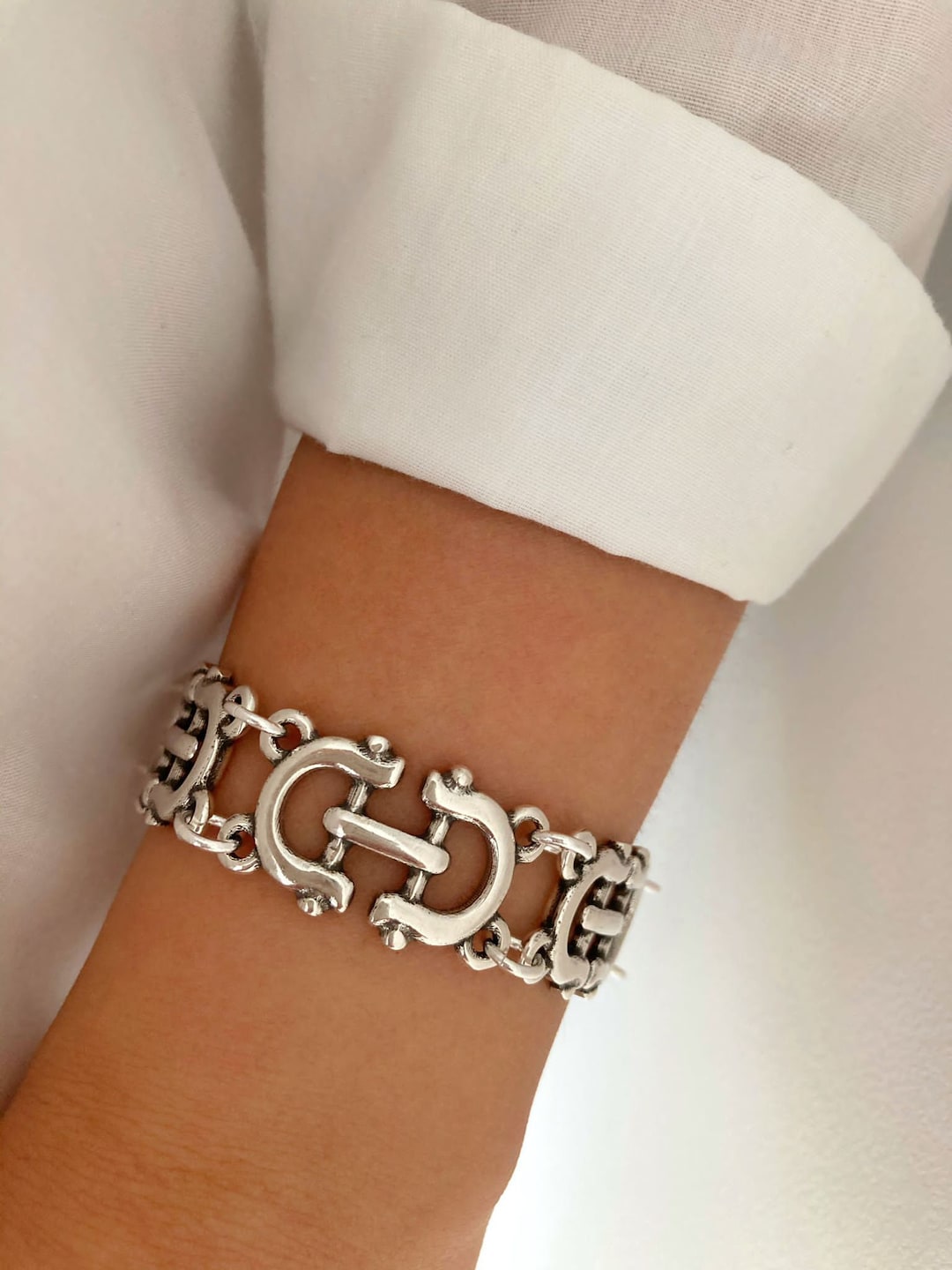 Antique Silver Link Chunky Wide Bracelet, Statement Personalized ...