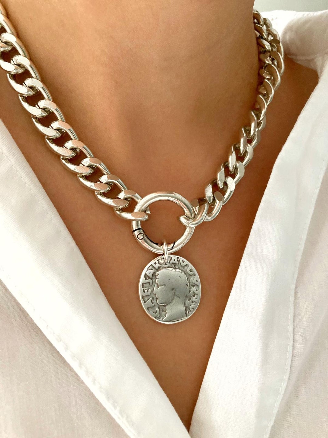 Silver Chunky Heavy Chain Choker Necklace, Statement Charm Coin ...